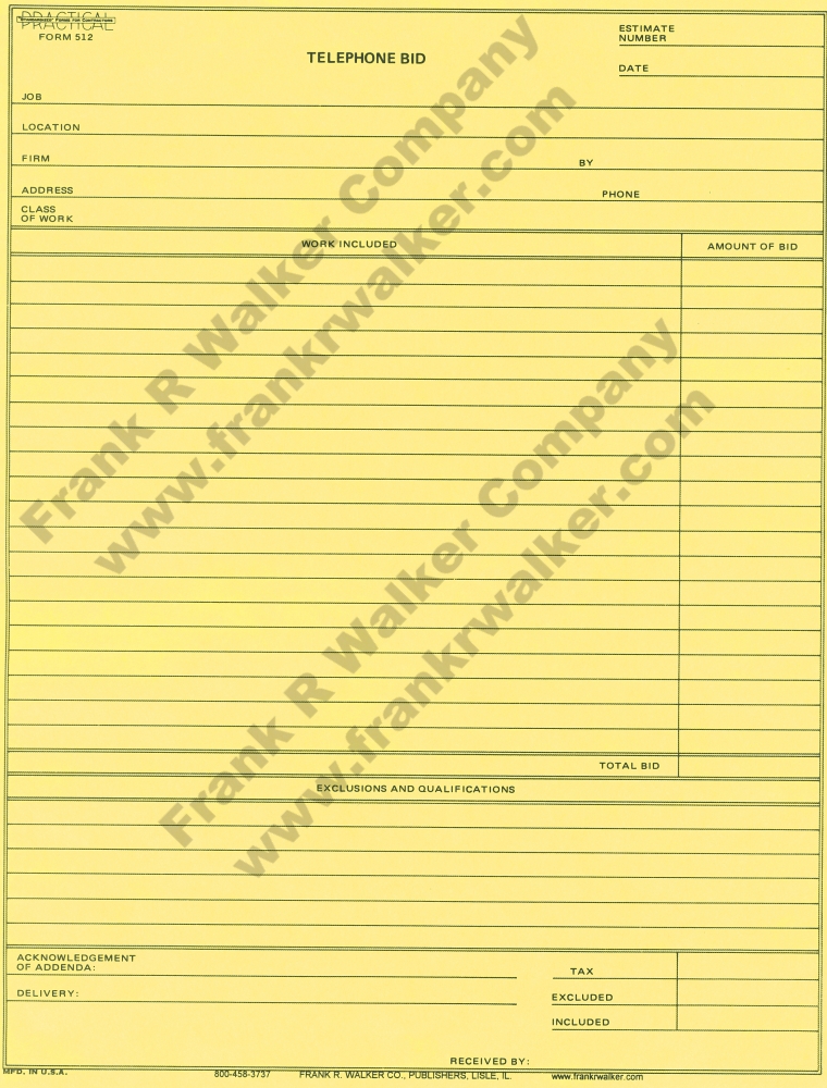 Frank R Walker - Telephone Bid Form #512