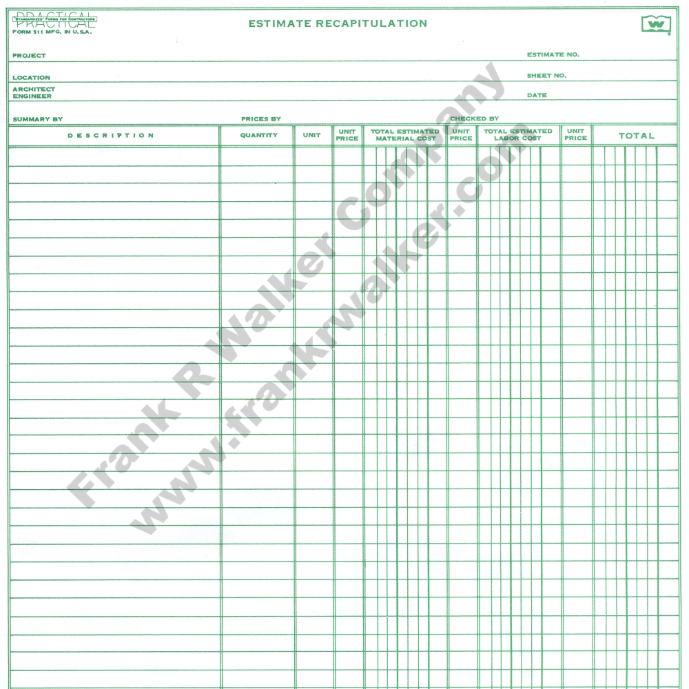 Frank R Walker - Estimate Recapitulation Sheets #511