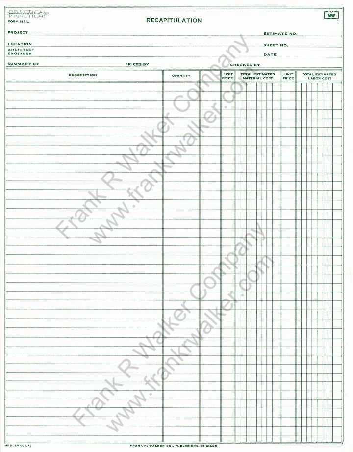 Frank R Walker - Recapitulation Sheets #517-L (Legal Size)
